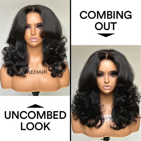 Wear And Go Designer Layered Curtain Bangs Wavy Lace Closure Wig