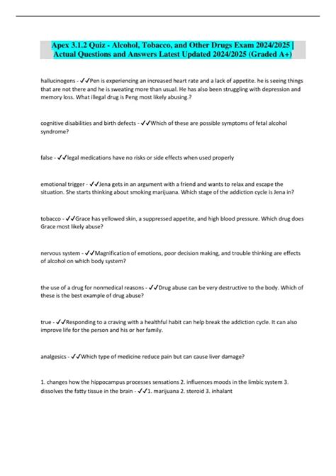Apex 312 Quiz Alcohol Tobacco And Other Drugs Exam 20242025 Actual Questions And