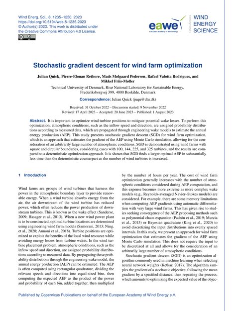 Pdf Stochastic Gradient Descent For Wind Farm Optimization