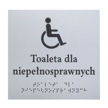 Toaleta dla niepełnosprawnych tabliczka z pismem Braille a srebrny