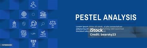 Pestel 메소드를 사용한 회사 분석 웹 헤더 배너로 설정된 아이콘 세트 아이콘에 대한 스톡 벡터 아트 및 기타 이미지