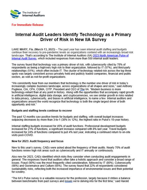 Internal Audit Leaders Identify Technology As A Primary Driver Of Risk In New Iia Survey Press