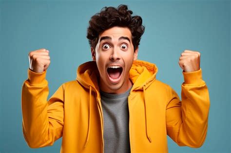Premium Ai Image Photo Of Shocked Ecstatic Guy Win Luck Lottery Raise Hands Up Shout Yea Isolated