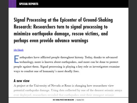 Ieee Signal Processing November Signal Processing At The Epicenter Of Ground Shaking Research