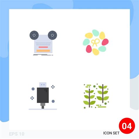 Set Of 4 Modern Ui Icons Symbols Signs For Record Cable Tape Easter Electric Editable Vector
