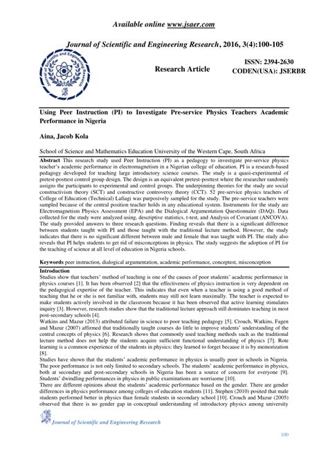 PDF CODEN USA JSERBR Using Peer Instruction PI To Investigate Pre