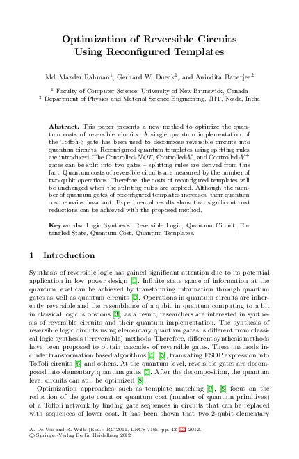 Pdf Optimization Of Reversible Circuits Using Reconfigured Templates