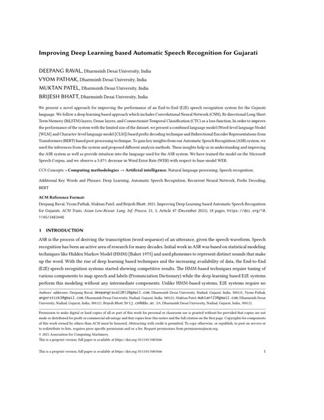 Pdf Improving Deep Learning Based Automatic Speech Recognition For Gujarati