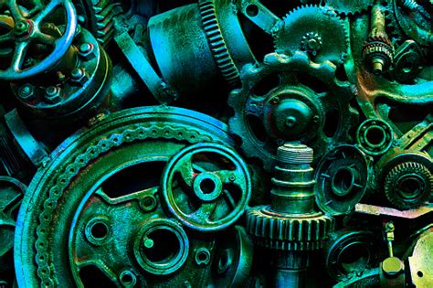 Steampunk 질감 기계 부품 장치 바퀴 Backgroung 스팀 펑크 기어 기어 자동차 부품 오래 된 녹슨 철 체인 스프링 바퀴 힙 가까이 강철에 대한 스톡 사진 및