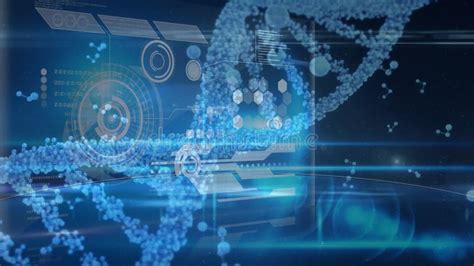 Animation Of Rotating 3d Dna Strand With Floating Molecular Structures And Processing Data On