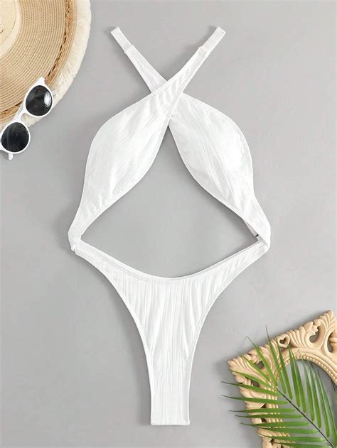Shein Swim Cut Out Criss Cross Halter One Piece Swimsuitsummer Beach