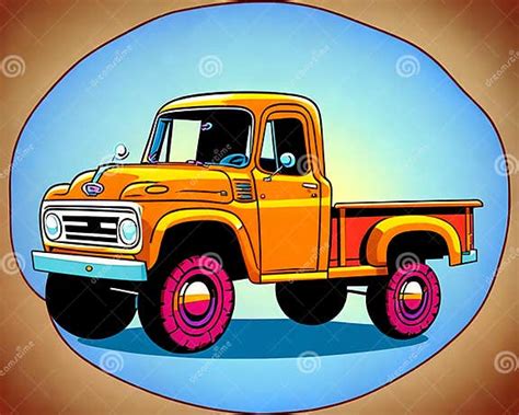 Cartoon Happy Comic Retro Car Old Toy Orange 4x4 Pickup Stock