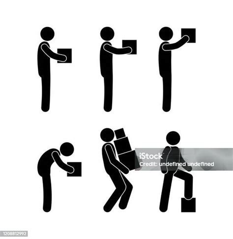 남자는 상자를 보유 다양한 포즈에 아이콘 사람들 스틱 그림 고립 된 Pictogram 상자에 대한 스톡 벡터 아트 및 기타