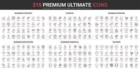 Business Strategy Thin Line Red Black Icons Set Symbols Of Processes