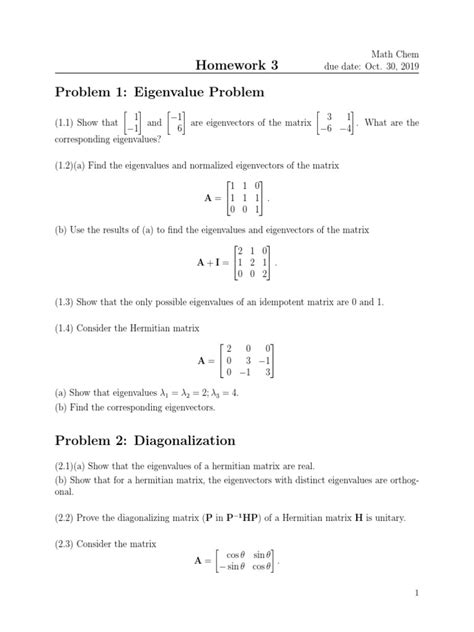 homework 3 problem 1 eigenvalue problem pdf eigenvalues and eigenvectors matrix mathematics