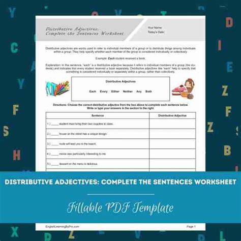 Distributive Adjective Worksheets Resources For Learning And Teaching