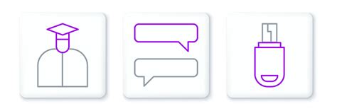 라인 Usb 플래시 드라이브 학생 및 말풍선 채팅 아이콘을 설정합니다 벡터 Brand Name Online Messaging