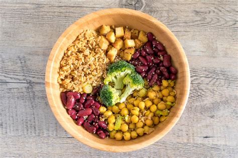 Vegan Buddha Bowl With Stir Fry Tofu Brown Rice Broccoli Red Kidney