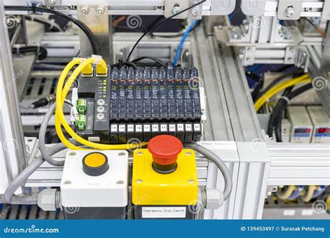 Close Up Emergency Stop Switch And Ethernet Sensor Communication Unit