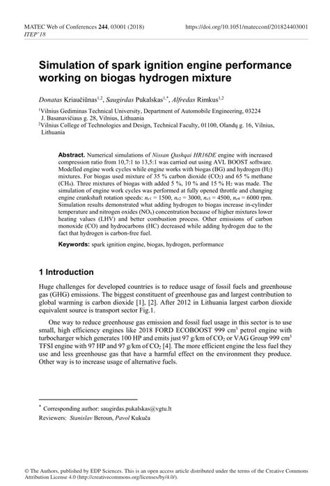 Pdf Simulation Of Spark Ignition Engine Performance Working On Biogas