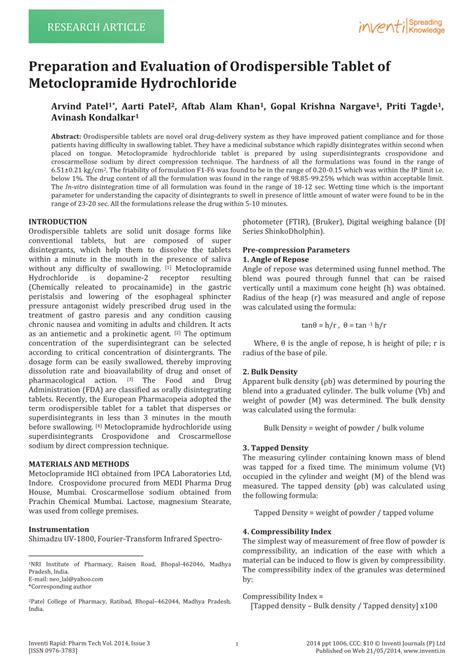 Pdf Preparation And Evaluation Of Orodispersible Tablet Of Metoclopramide Hydrochloride