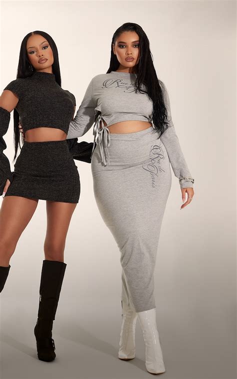 Plus Grey Printed Tie Side Crop Top Prettylittlething