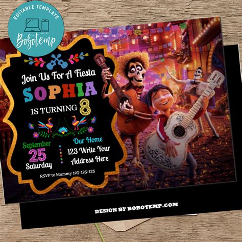 Coco Fiesta Birthday Invitation Printable Dia De Los Muertos Bobotemp