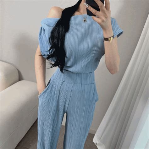 ️최저가 ️플리츠 나시 드레이프 반팔 셔링 오프숄더 티 와이드 플리츠 롱팬츠 트레이닝세트 투피스 셋업 에이블리