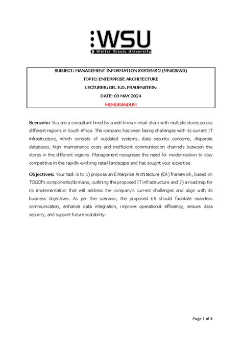 Class Exercise Enterprise Architecture Memo 03 Subject Management