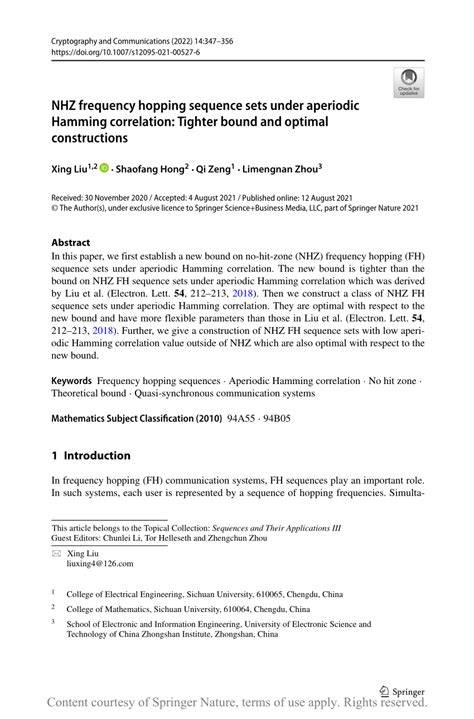 Nhz Frequency Hopping Sequence Sets Under Aperiodic Hamming Correlation
