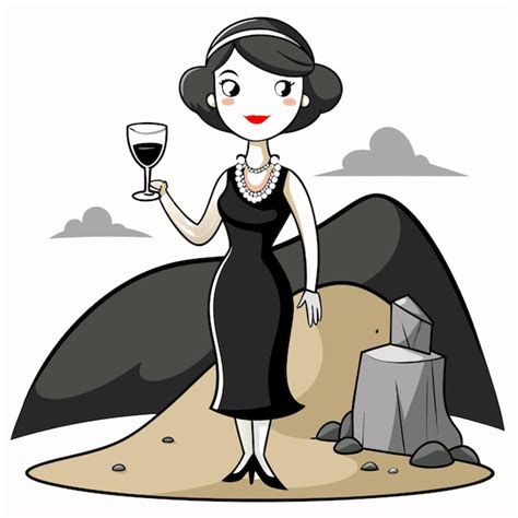 Classy Woman In Black Dress Enjoying Wine Cartoon Vector Illustration