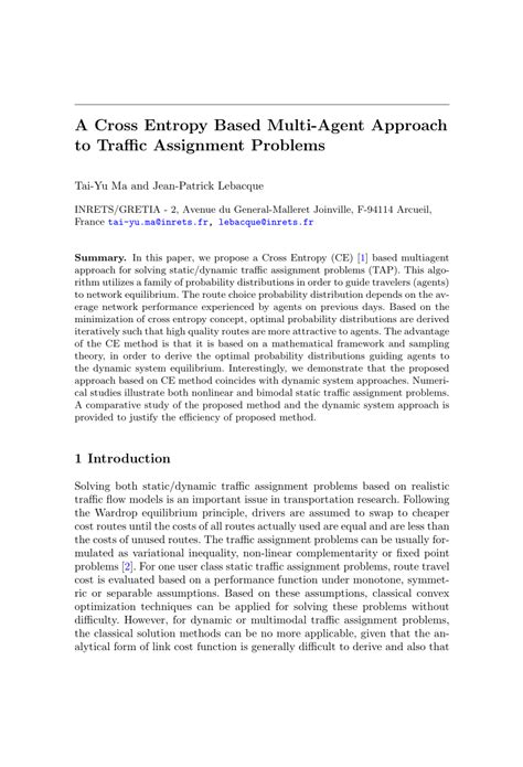 pdf a cross entropy based multi agent approach to traffic assignment