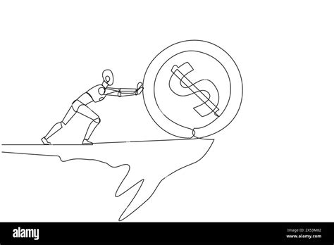 Single One Line Drawing Robot Pushes Giant Coin Sign Dollar Down From