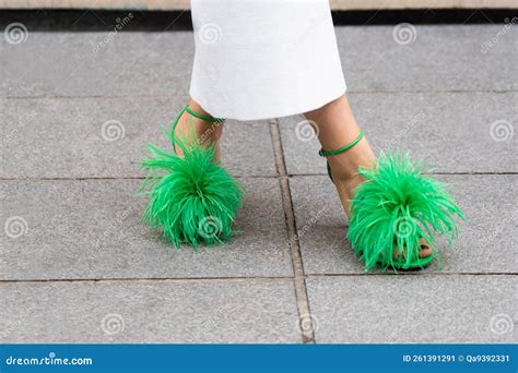 Paris France October 3 2022 Woman Wears Green Leather Ostrich