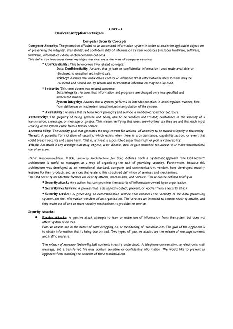 Cns Unit Nothing Unit I Classical Encryption Techniques Computer Security Concepts