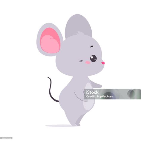 큰 귀와 꼬리 서 있는 벡터 그림을 가진 귀여운 회색 마우스 캐릭터 귀 부분에 대한 스톡 벡터 아트 및 기타 이미지 귀 부분