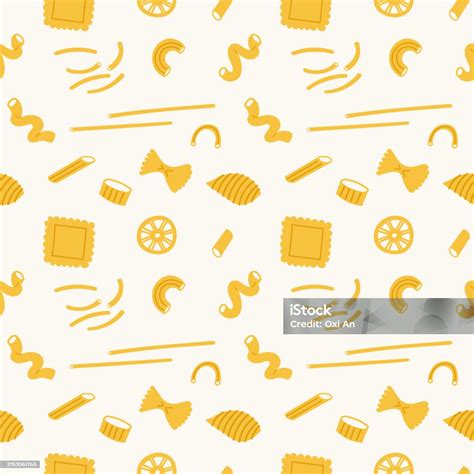 국수 다른 종류의 파스타 완벽 한 패턴 손으로 그린 만화 벡터 일러스트 만화 스타일의 밀가루 제품과 배경을 반복합니다 마카로니 라자냐 리가토니 이탈리안 음식 Animated