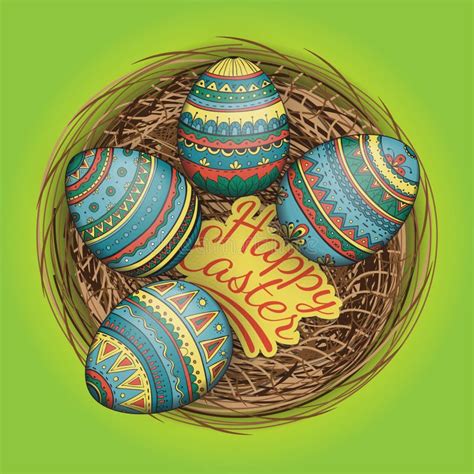 Colorful Happy Easter Eggs Set In Nest Vector Illustration Stock
