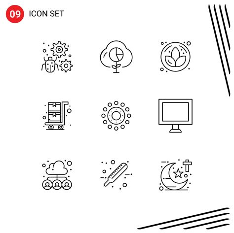Editable Vector Line Pack Of 9 Simple Outlines Of Spring Shopping Trolley Graph Shopping Cart