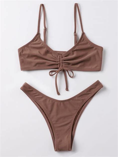 Shein Swim Basics Mono Bikini Set Drawstring Wireless Bra Top And High