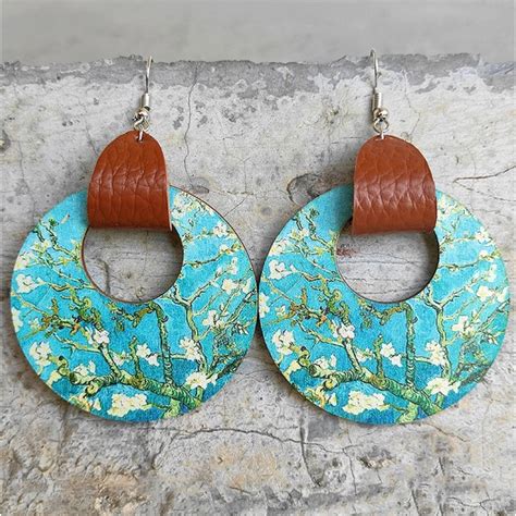 Faux Leather Strap Turquoise Cherry Blossom Patterned Circular Drop Ea