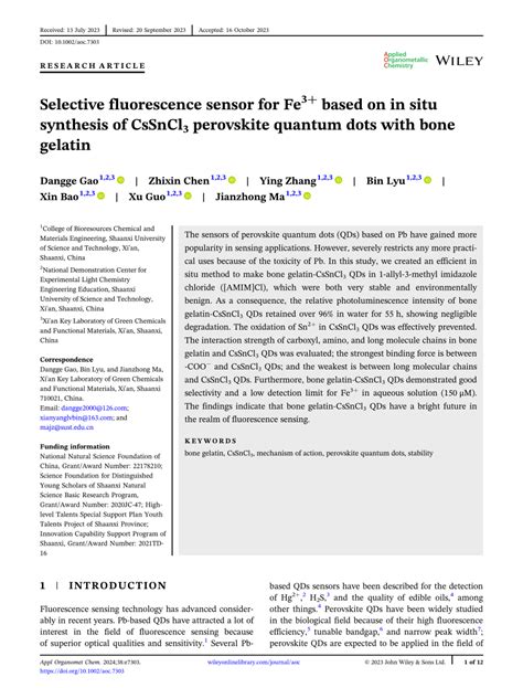Selective Fluorescence Sensor For Fe Based On In Situ Synthesis Of Cssncl3 Perovskite Quantum