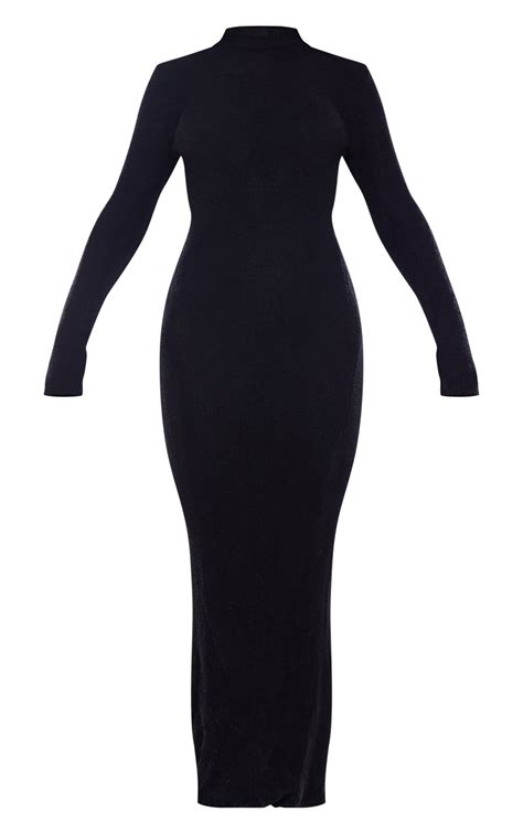Robe Longue Noire En Maille Tricot Douce À Dos Ouvert Et Manches
