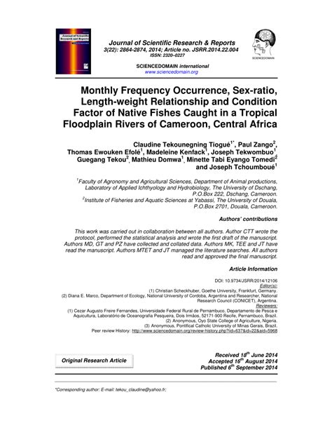 Pdf Monthly Frequency Occurrence Sex Ratio Length Weight Relationship And Condition Factor