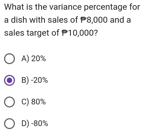 Solved What Is The Variance Percentage For A Dish With Sales Of 8000 And A Sales Target Of P10
