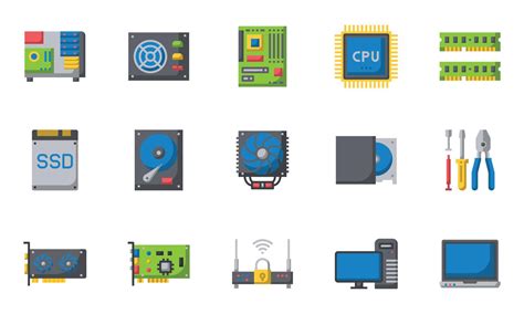 Computer Hardware Icons Flat Color Motherboard Cpu Chip Case Computer Vector Art At