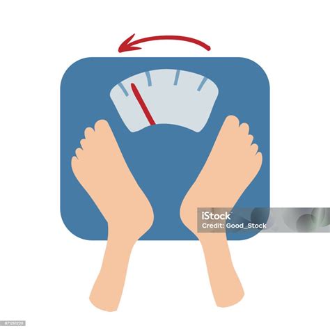 저울 체중 감량 번호와 화살표에 의해 감지 저울과 발 흰색 Backgroud에 고립 된 평면 그림입니다 만화 벡터 이미지입니다