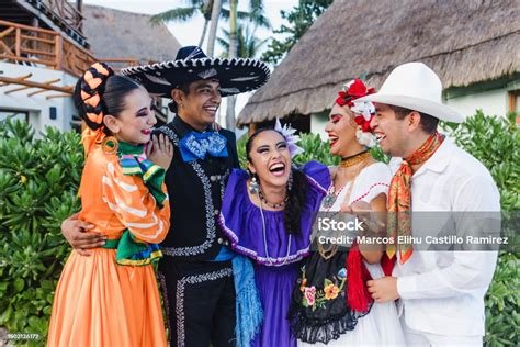 Group Of Mexican Dancers Wearing Traditional Folk Costume Young Latin