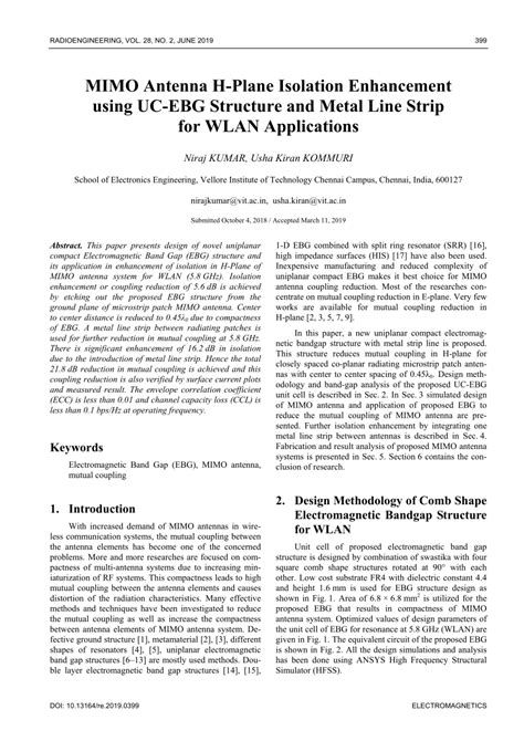 Pdf Mimo Antenna H Plane Isolation Enhancement Using Uc Ebg Structure And Metal Line Strip For