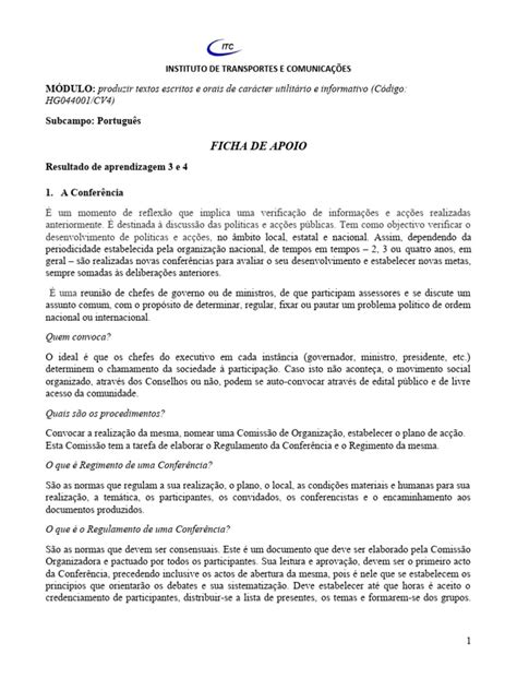 Ficha De Apoio Conferência Aviso Cv4 Pdf Comunicação Informação